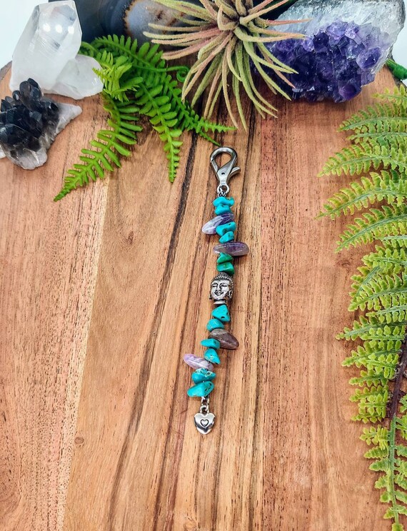 Boho Key Chain Buddha Head W/ Turquoise & Amethyst Stone | Etsy