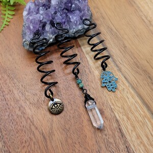Set of 3 Black Hair Spirals, Crystal Quartz Hair Spiral, Hamsa Hand ...