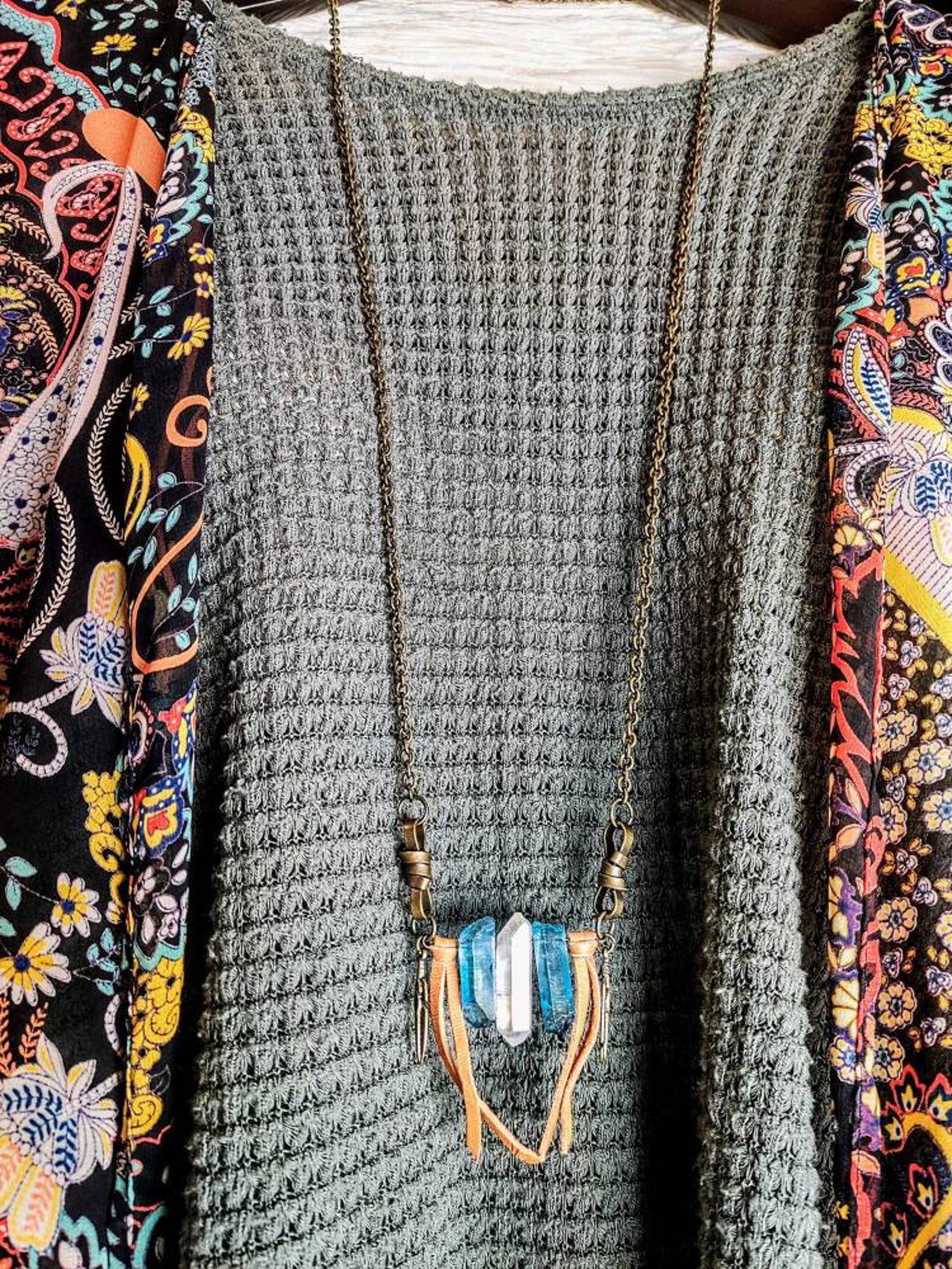 Crystal Deerskin Native Chain Necklace With Aqua Aura - Etsy