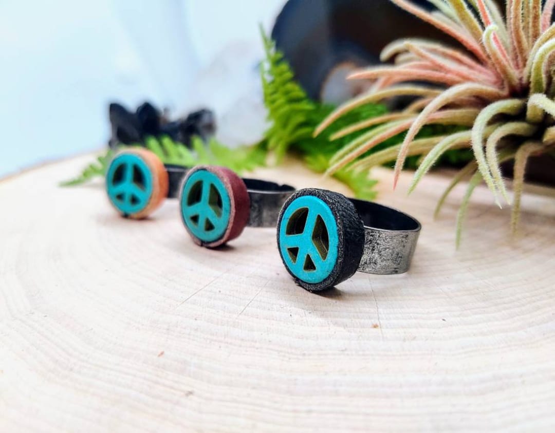 Adjustable Turquoise Peace Sign Antique Silver Ring, Deerskin Leather ...