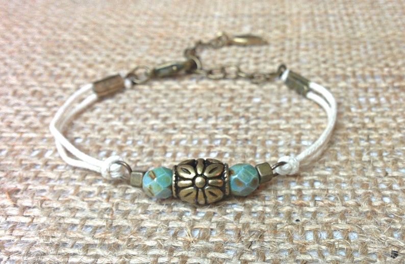 Adjustable White String Bracelet With Bronze Flower Bead - Etsy
