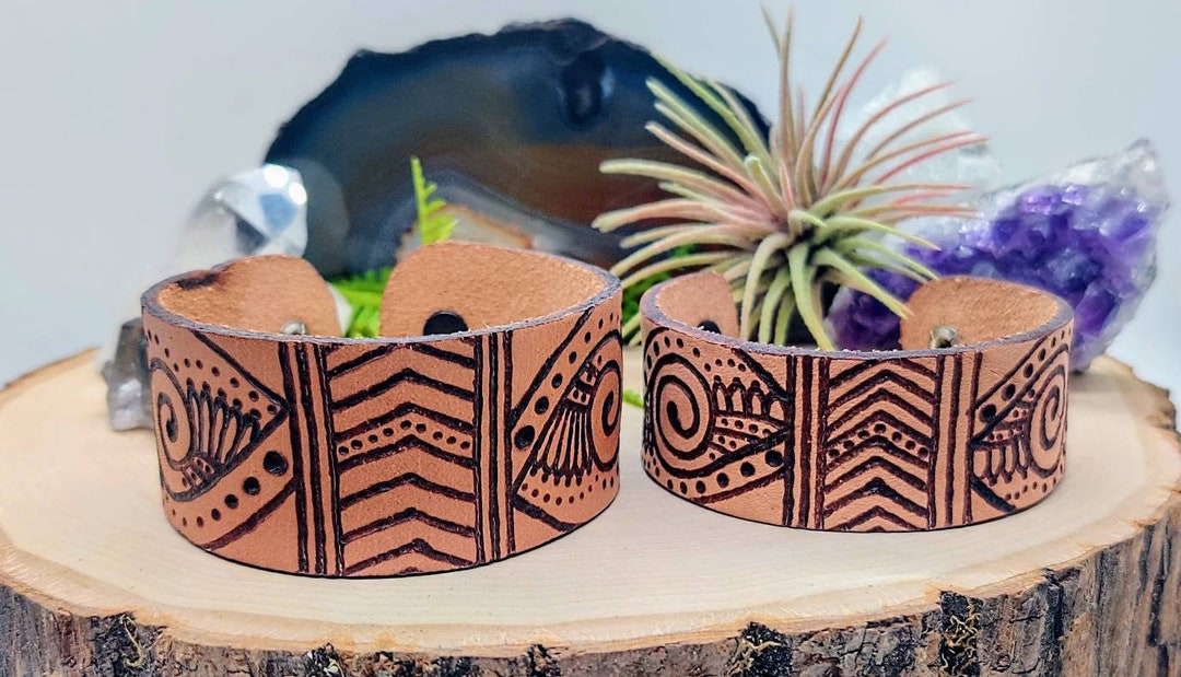 Hand Burned Leather Cuff Bracelet: Pyrography Bohemian Design - Etsy