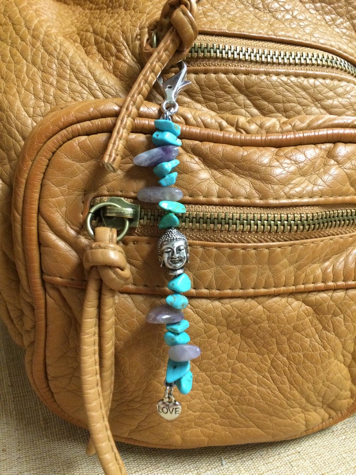 Boho key chain Buddha head w/ turquoise & amethyst stone | Etsy