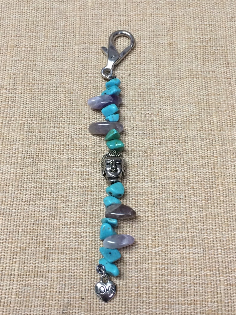 Boho Key Chain Buddha Head W/ Turquoise & Amethyst Stone - Etsy