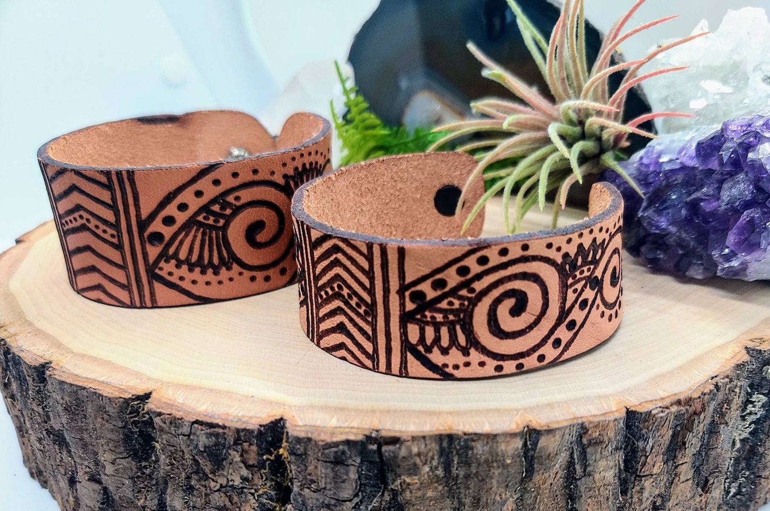 Hand Burned Leather Cuff Bracelet: Pyrography Bohemian Design - Etsy UK
