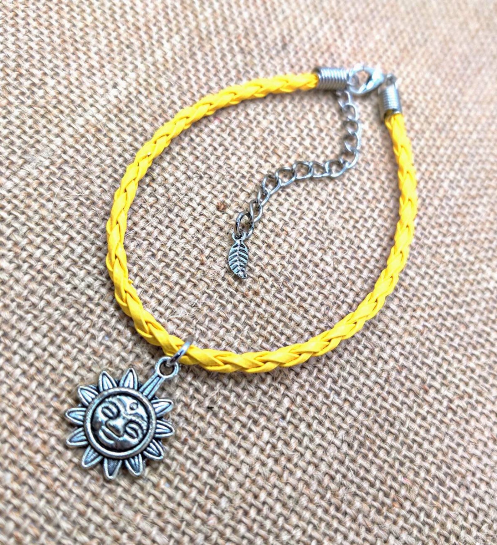 Silver Smiling Sun on Faux Yellow Braided Bolo Leather Cord - Etsy