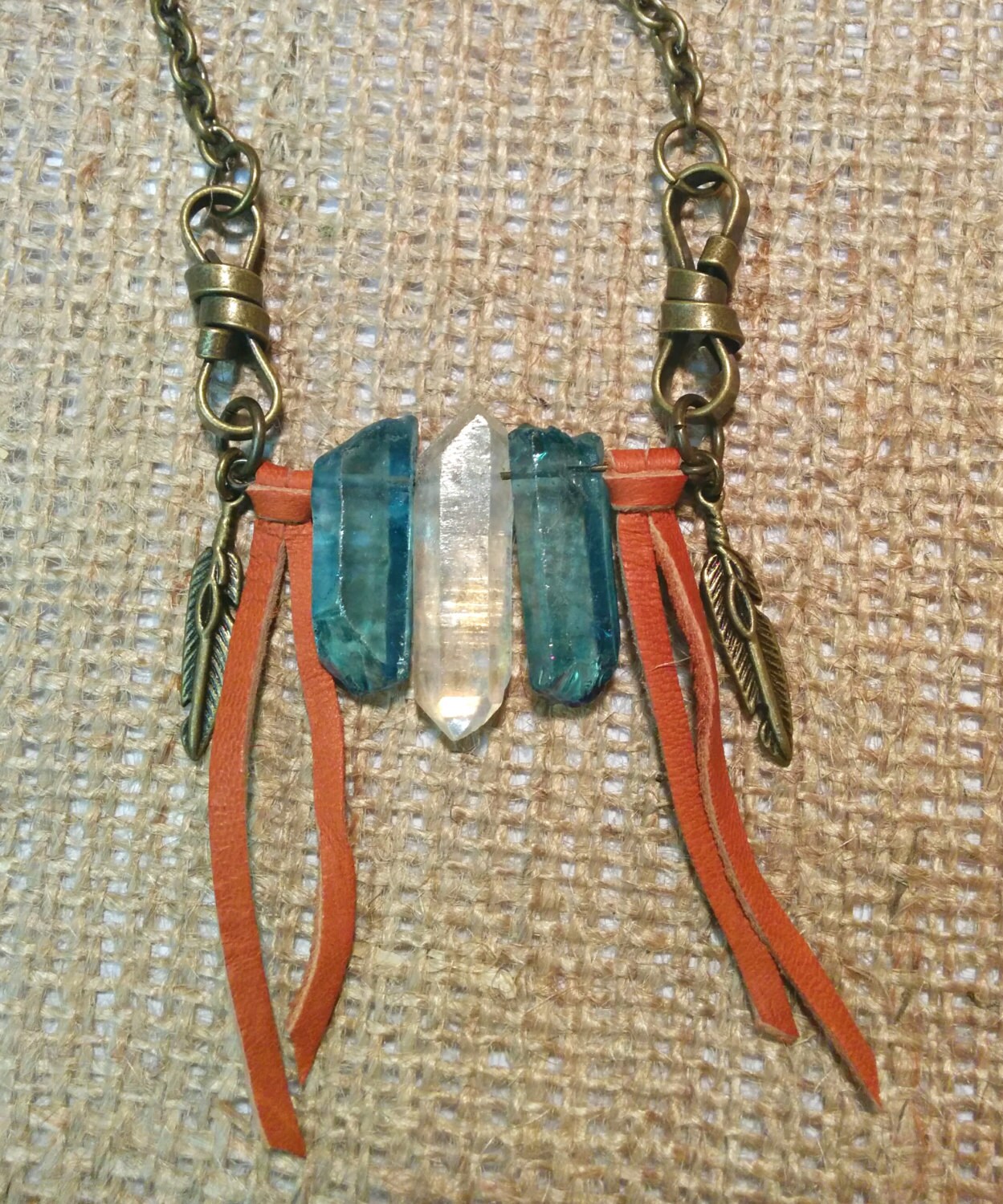 Crystal deerskin native chain necklace with aqua aura | Etsy