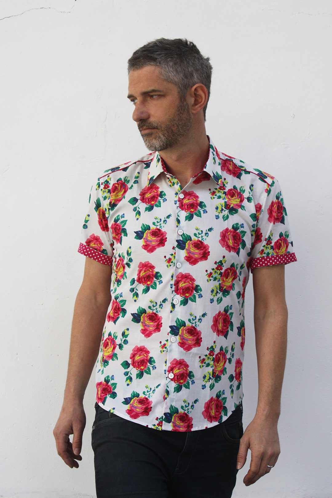 Mens Pink Short Sleeve Shirt - Roses - BAÏSAP - L Size - Etsy