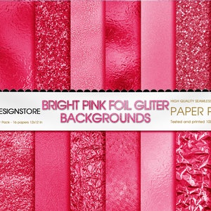 Bright Pink Foil Glitter Seamless Digital Paper, Neon Pink Digital ...