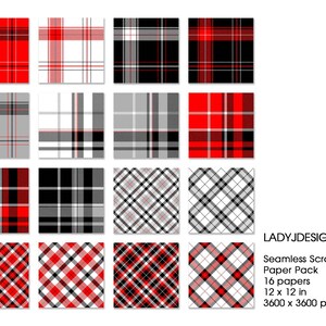 Plaid Digital Paper Lumberjack, Tartan, Checkers Log Cabin Red White ...