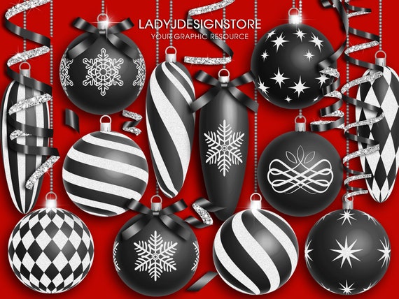 Black and White Christmas Ornaments Clipart, Christmas Balls, digital ...