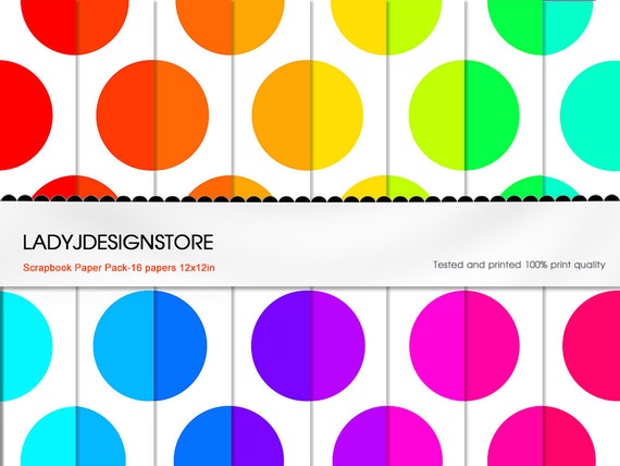 Digital Scrapbook Paper Pack - Rainbow Big Polka dot on white - 16 ...