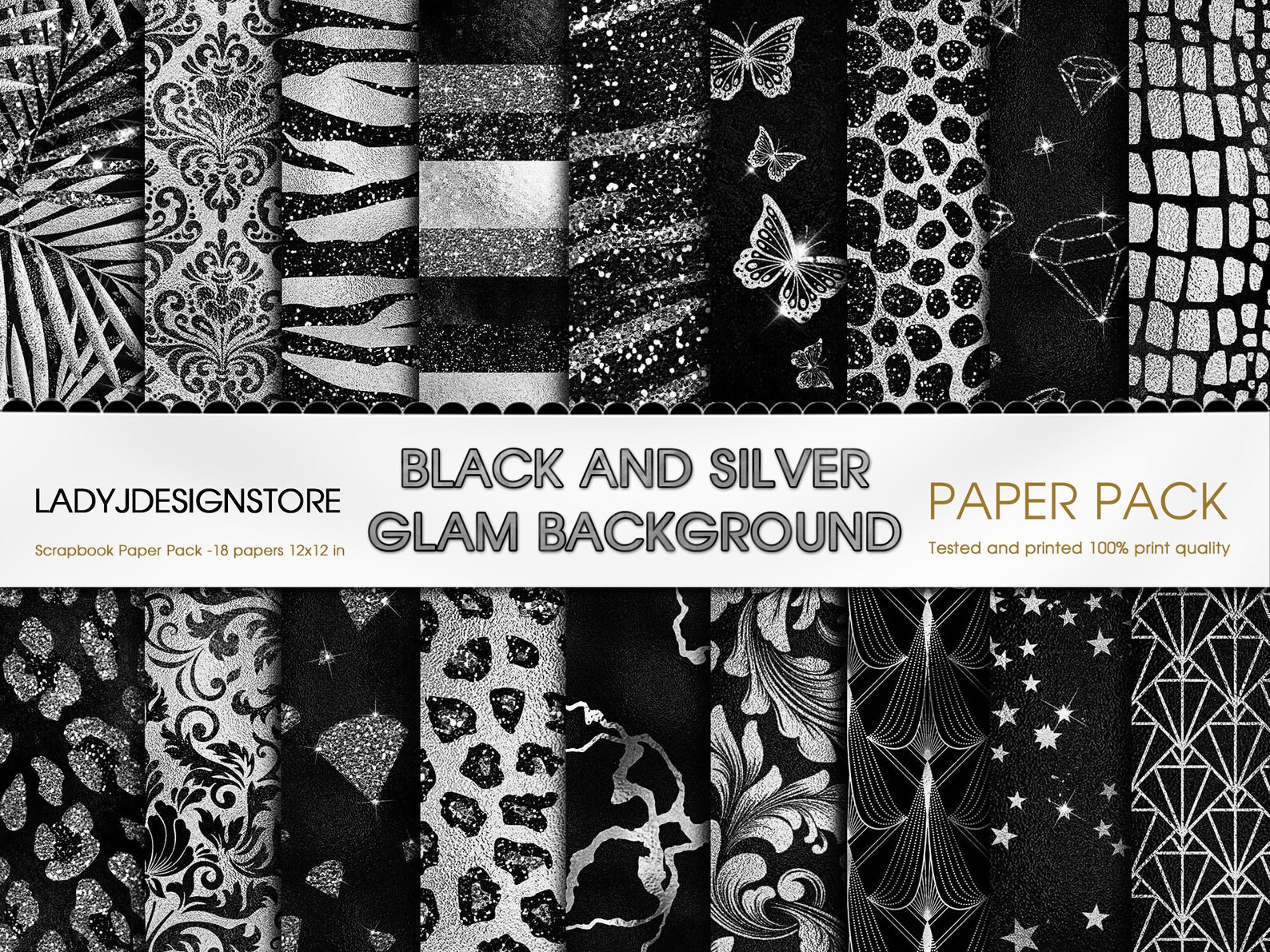 Black and Silver Glam Digital Paper, Seamless Tiger Cheetah Zebra ...