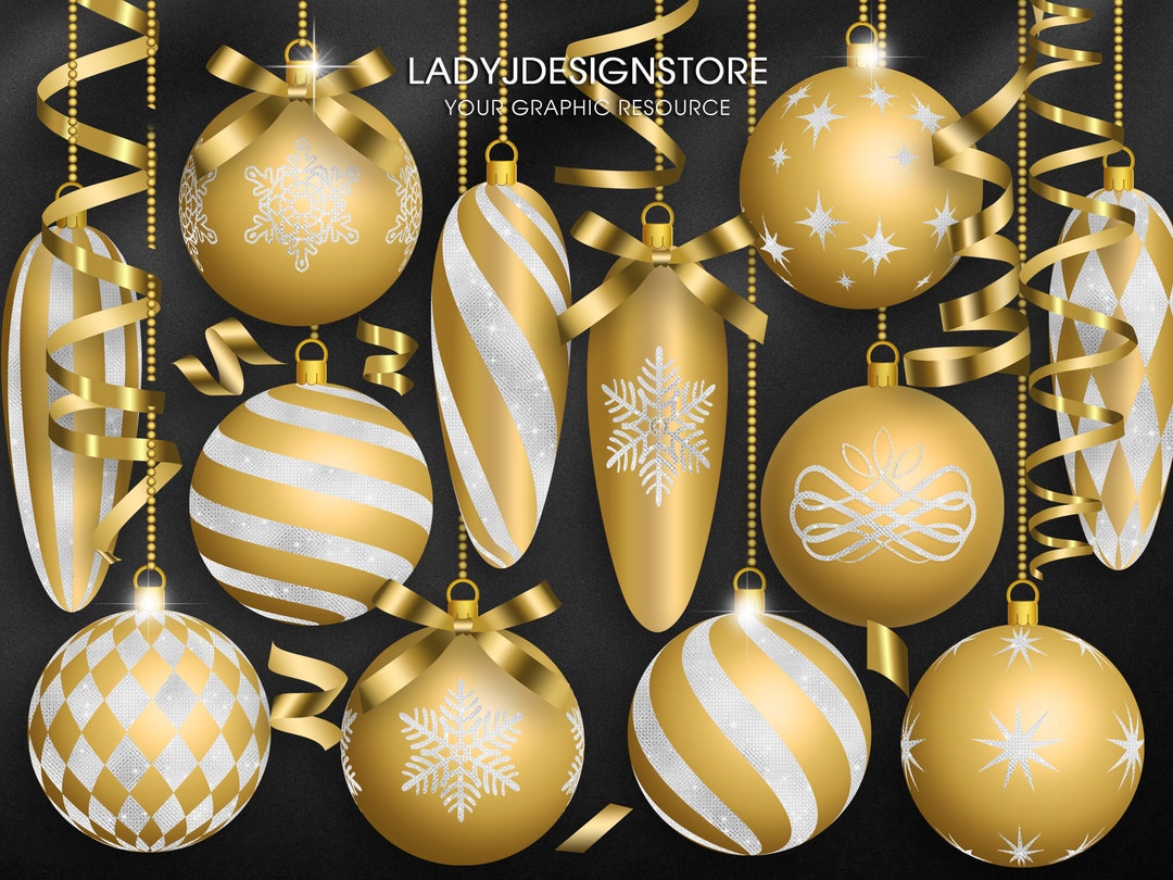 Gold and White Christmas Ornaments Clipart, Christmas Balls Digital ...