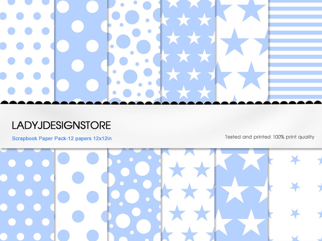 Digital Scrapbook Paper Pack Baby Blue Pastel Dots Stars Stripes 12 ...