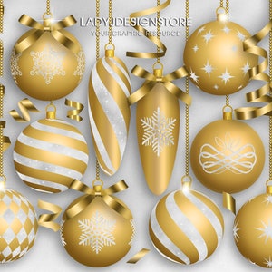 Gold and White Christmas Ornaments Clipart, Christmas Balls Digital ...
