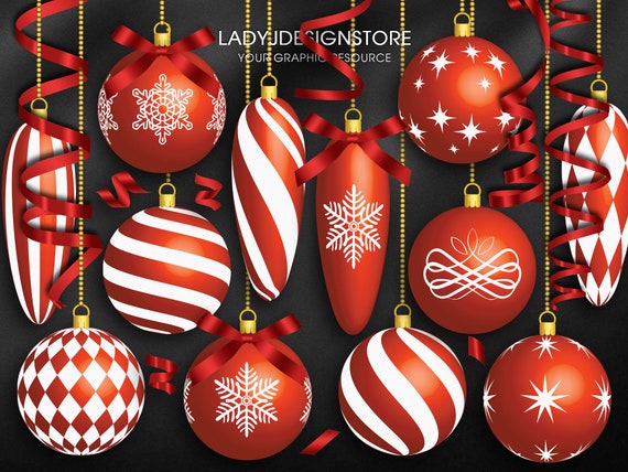 Red and White Christmas Ornaments Clipart, Christmas Balls, digital ...