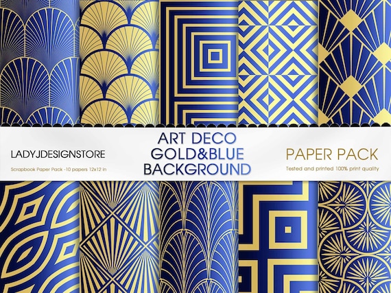 Art Deco Digital Paper, seamless retro art deco patterns, blue and gold ...