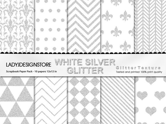 SILVER WHITE GLITTER Digital Papers - 10 Glitter Textures, Paper Pack ...