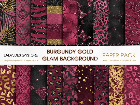 Burgundy Gold Glam Digital Paper seamless tiger cheetah zebra patterns ...