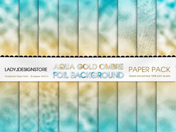Aqua and Gold Ombre Foil Background Digital Paper, Ombre aqua and gold ...