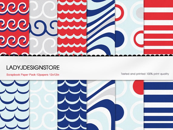 Sea Waves Digital Textured Paper Pack, Red White and Blue Sea, Saimles ...