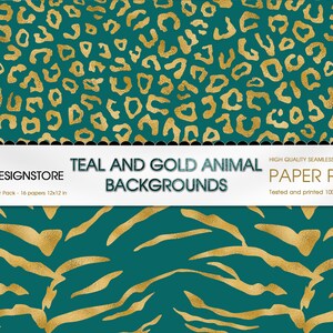 Teal and Gold Animal Digital Paper, Seamless Animal Print, Safari ...