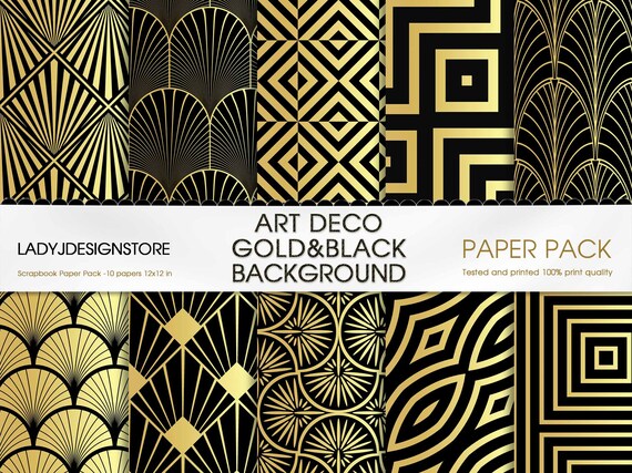 Art Deco Digital Paper, seamless retro art deco patterns, black and ...