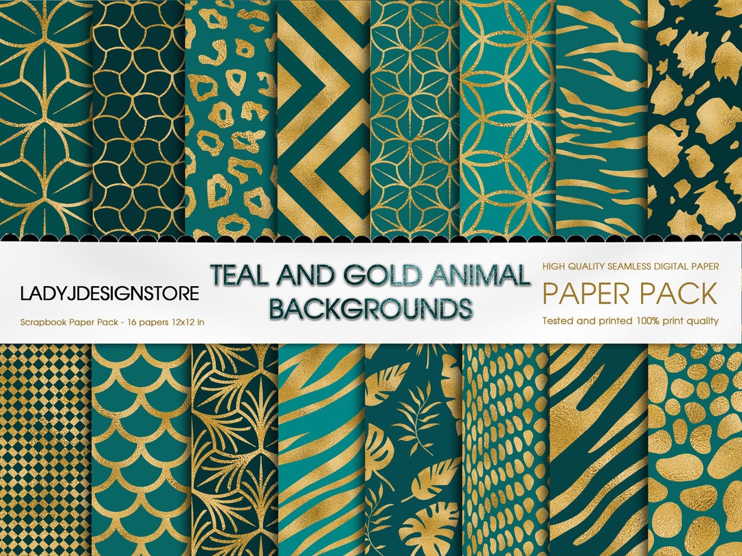 Teal and Gold Animal Digital Paper, Seamless Animal Print, Safari ...