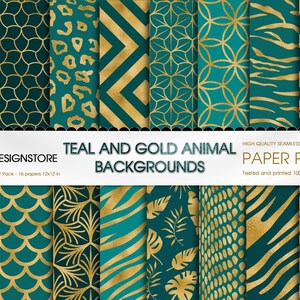 Teal and Gold Animal Digital Paper, Seamless Animal Print, Safari ...