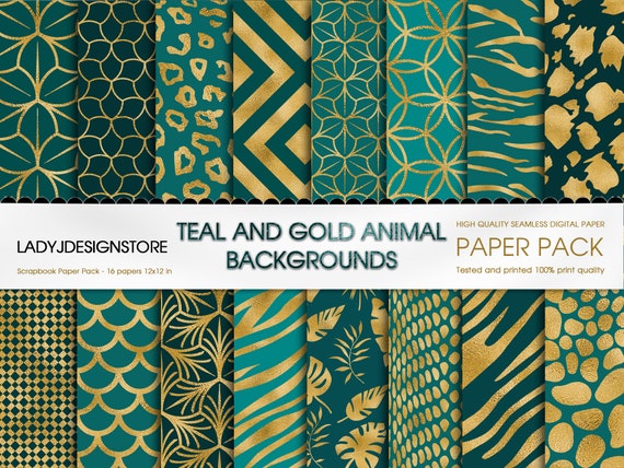 Teal and Gold Animal digital paper, seamless animal print, safari ...