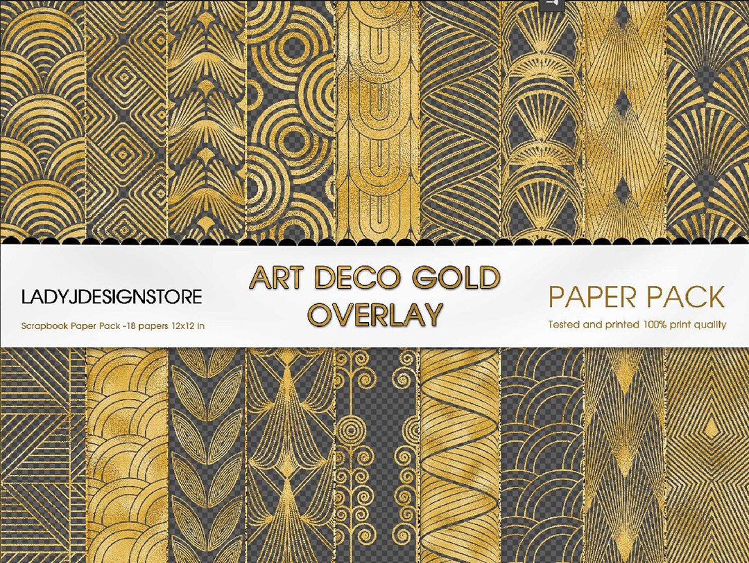 Art Deco Gold Foil Overlays, Seamless Retro Art Deco Patterns, Black ...