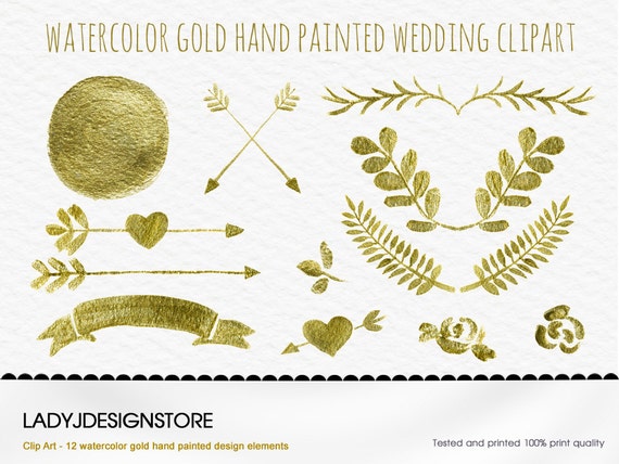 Watercolor Gold Clip Art - 12 Gold Metallic Watercolor wreath and ...