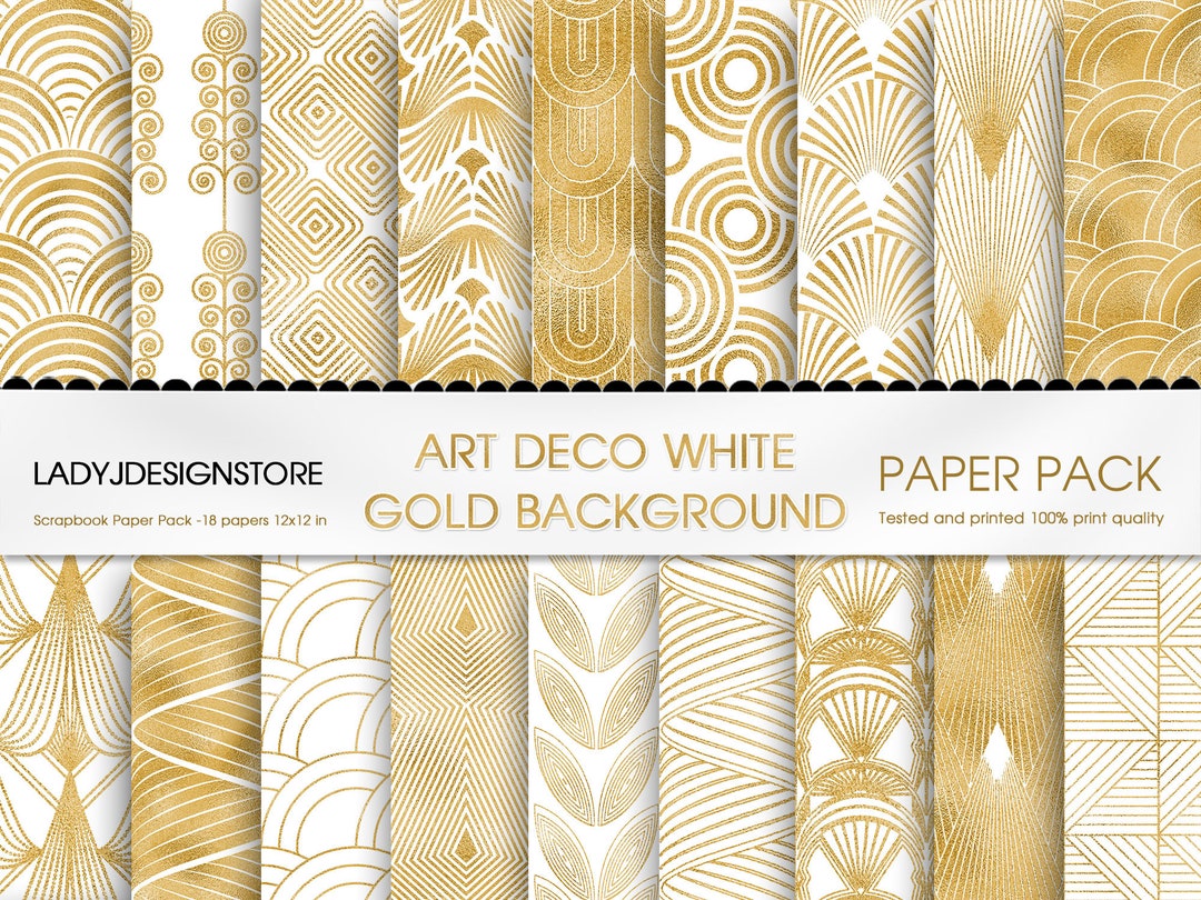 Art Deco White Gold Foil Digital Paper Seamless Retro Art Deco Patterns ...