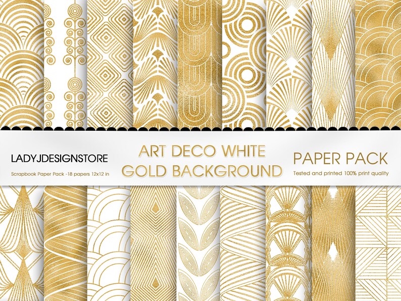 Art Deco White Gold Foil Digital Paper Seamless Retro Art Deco | Etsy