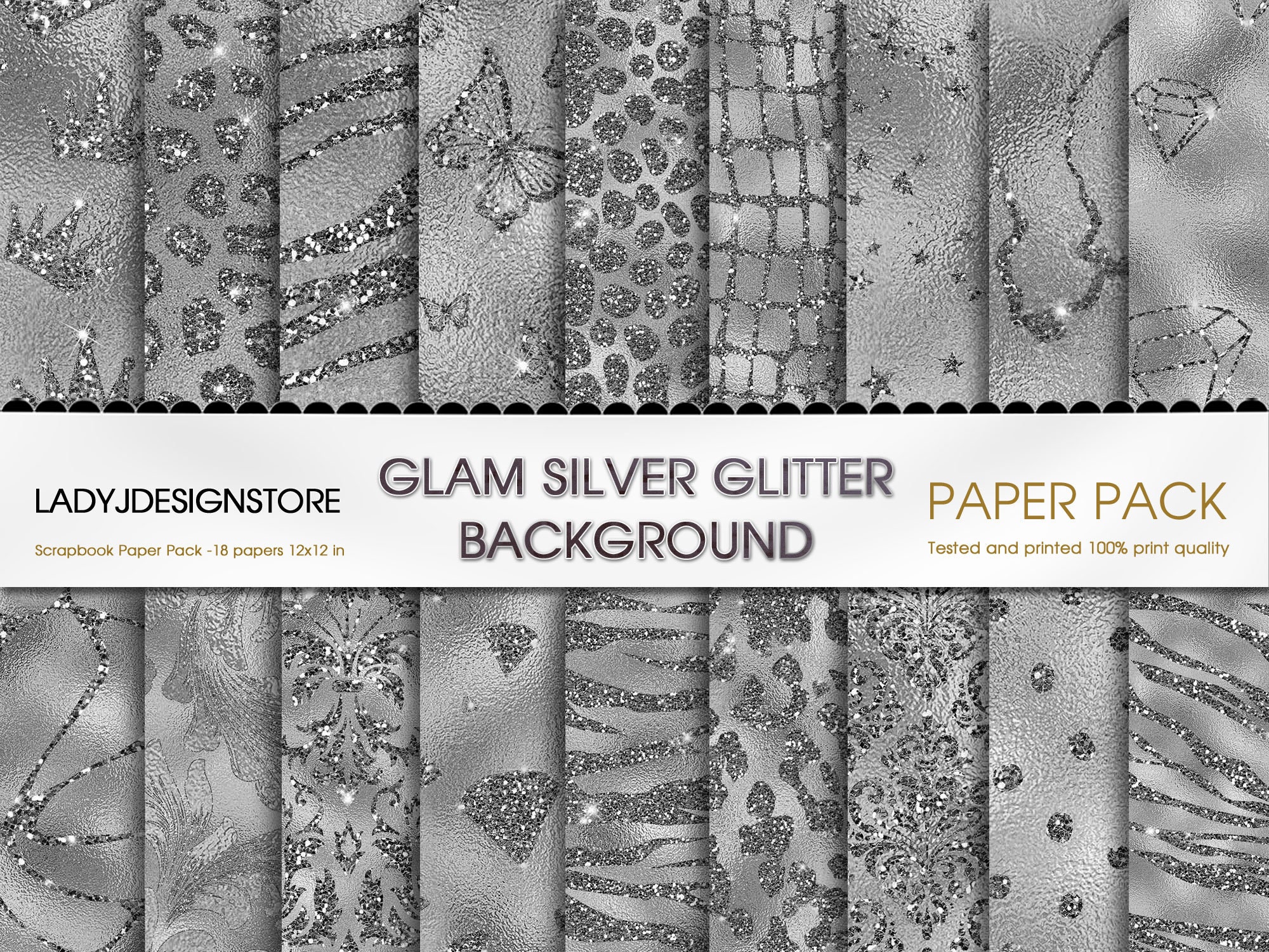 Silver Glitter Glam Digital Paper seamless tiger cheetah | Etsy