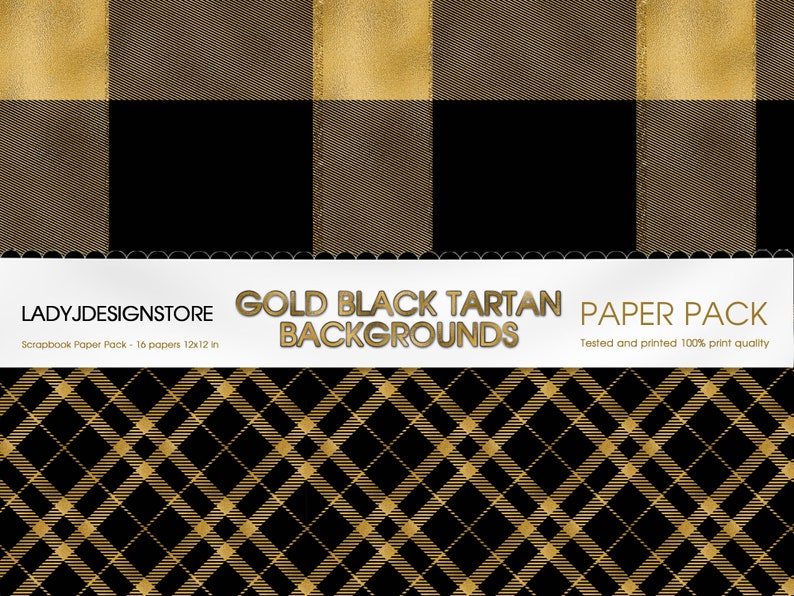 Plaid Gold and Black Glitter Digital Paper Lumberjack Plaid | Etsy