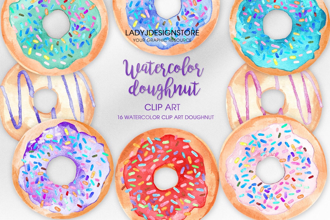 Watercolor Donuts Clipart, Sprinkle Pink, Blue, Violet, Mint, Chocolate ...