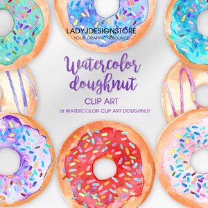 Watercolor Donuts Clipart, Sprinkle Pink, Blue, Violet, Mint, Chocolate ...