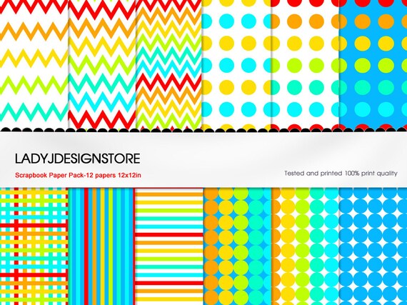 Digital Scrapbook Paper Pack - Rainbow Neon Chevron Dots Stripes ...