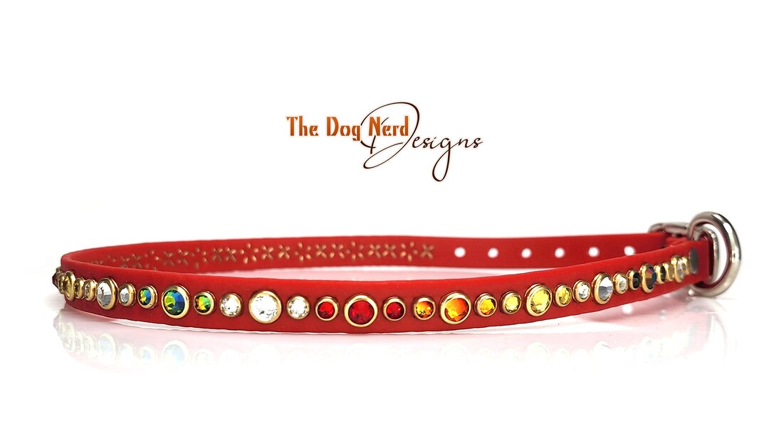 18-21 Fire Pattern on Red Beta Biothane Luxury Crystal Thin Dog Collar ...