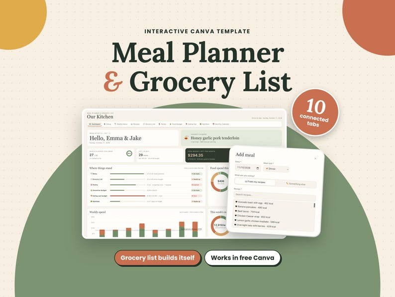 Meal Planner Canva Template, Grocery List, Weekly Menu Planner, Recipe ...