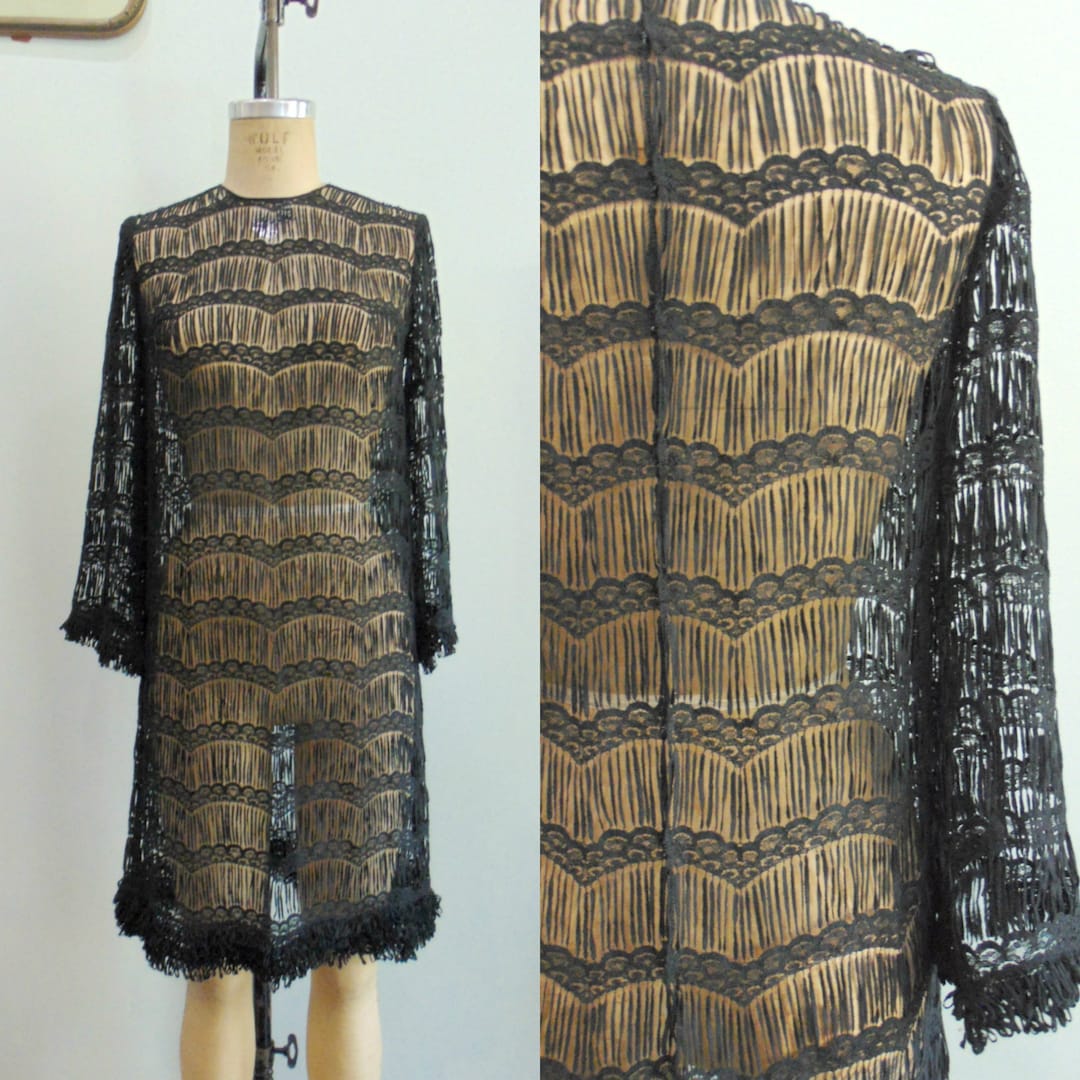 Vintage 1960's Lace Dress / Long Wide Sleeves / Open Lace Striping ...