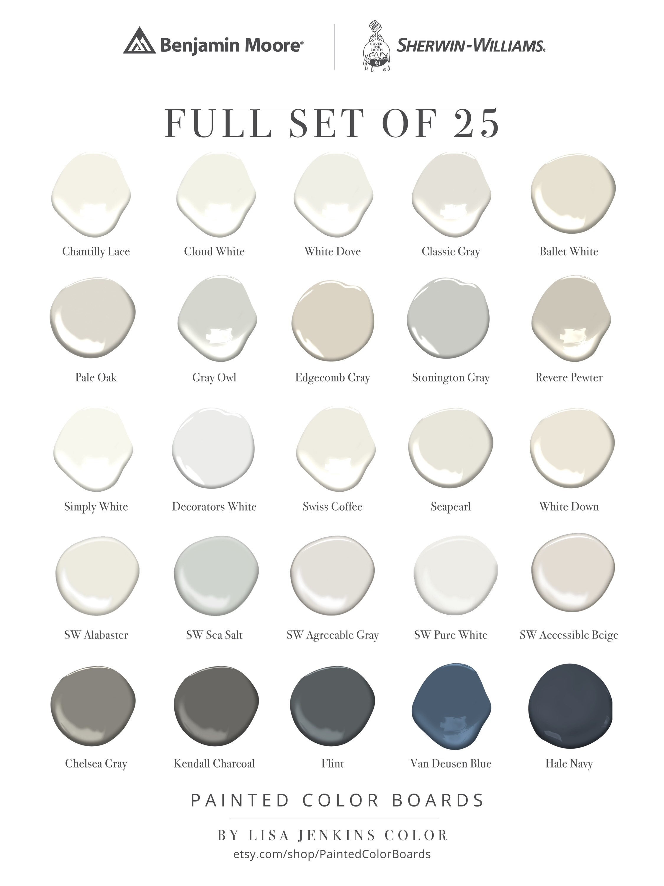 Benjamin Moore Sherwin Williams Best Whites Neutrals Hale Navy Kendall Charcoal Chelsea Gray Van Deusen Blue Flint SET of 25 Etsy