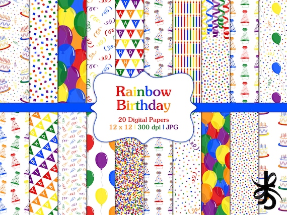 Rainbow Birthday-Digital Scrapbook Papers-Commercial - Etsy España