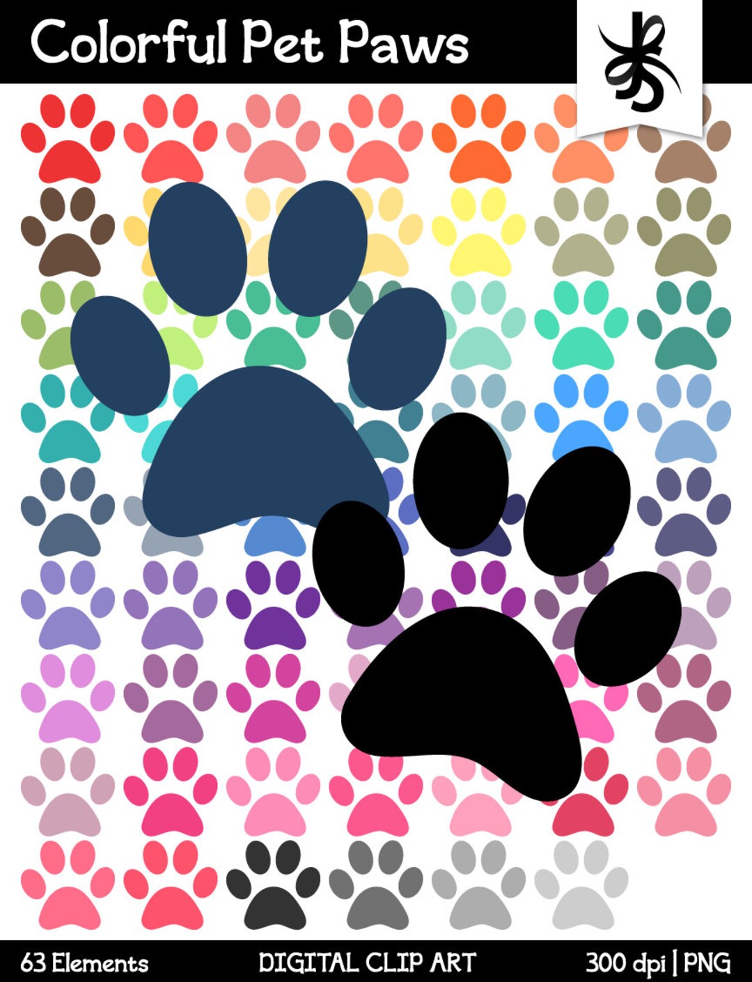 Digital Clipart Pet Paws-cat Paw-dog Paw-animal Graphics-rainbow Colors ...