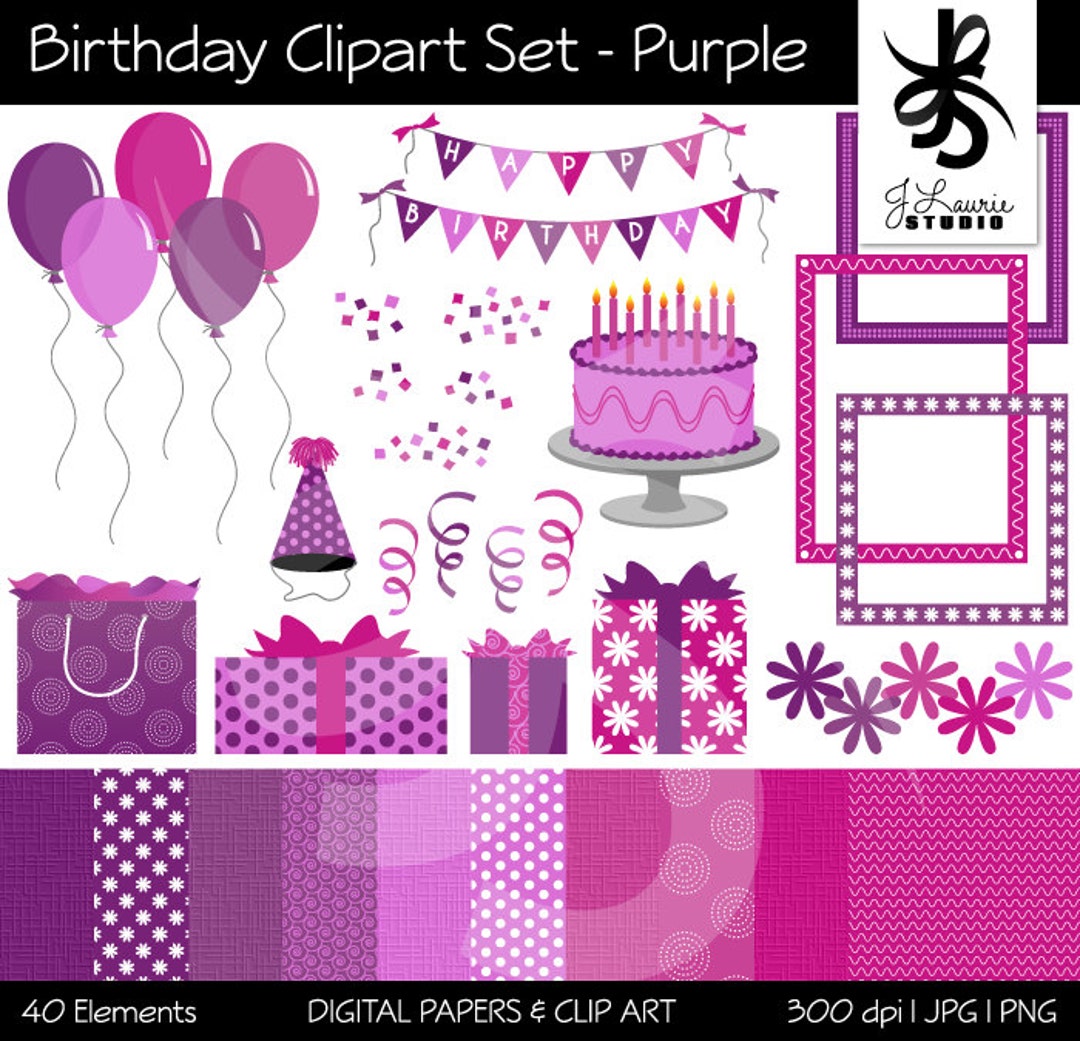 Birthday Clipart & Digital Paper Set-purple-girl-celebration-party ...