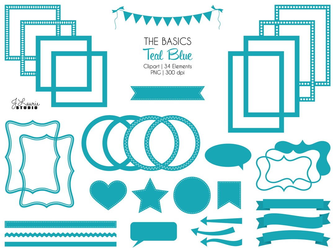 The Basics-teal Blue-digital Clipart-commercial Use-elements-frames ...