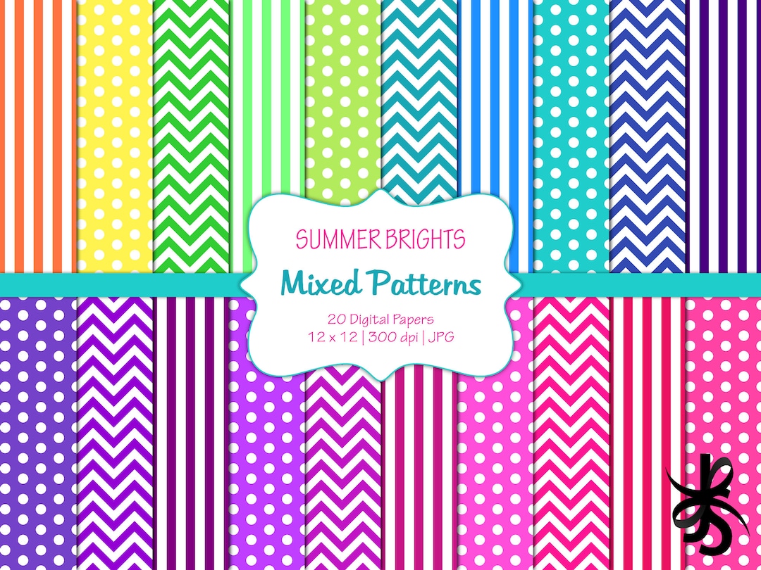 Mixed Patterns-summer Bright Colors-digital Scrapbook Papers-commercial ...