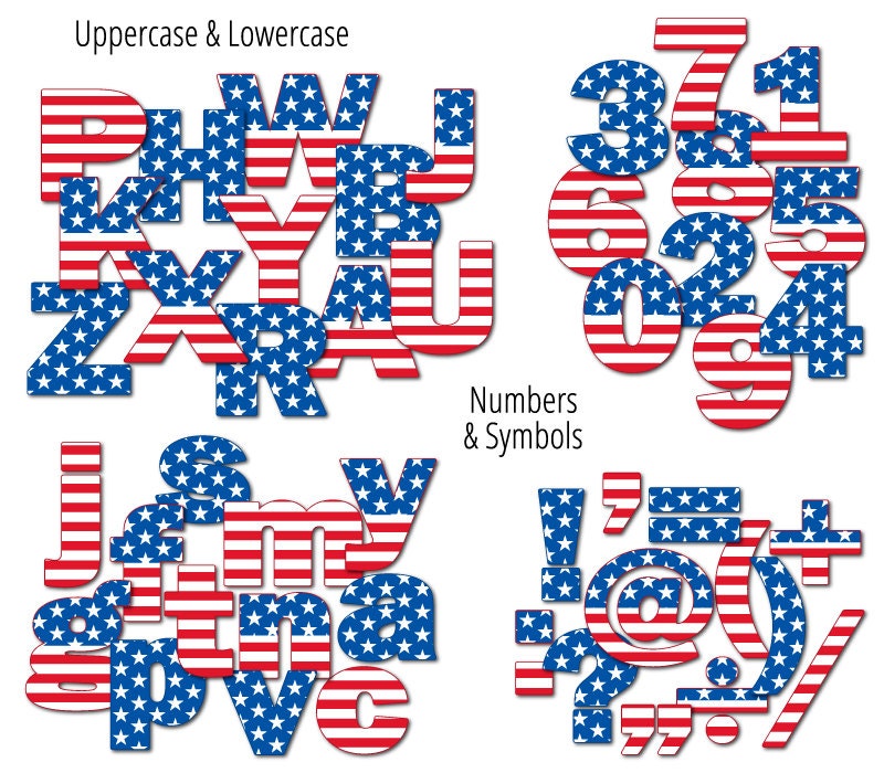 Patriotic Alphabet Clipart: American Flag Letters, Numbers, Symbols ...